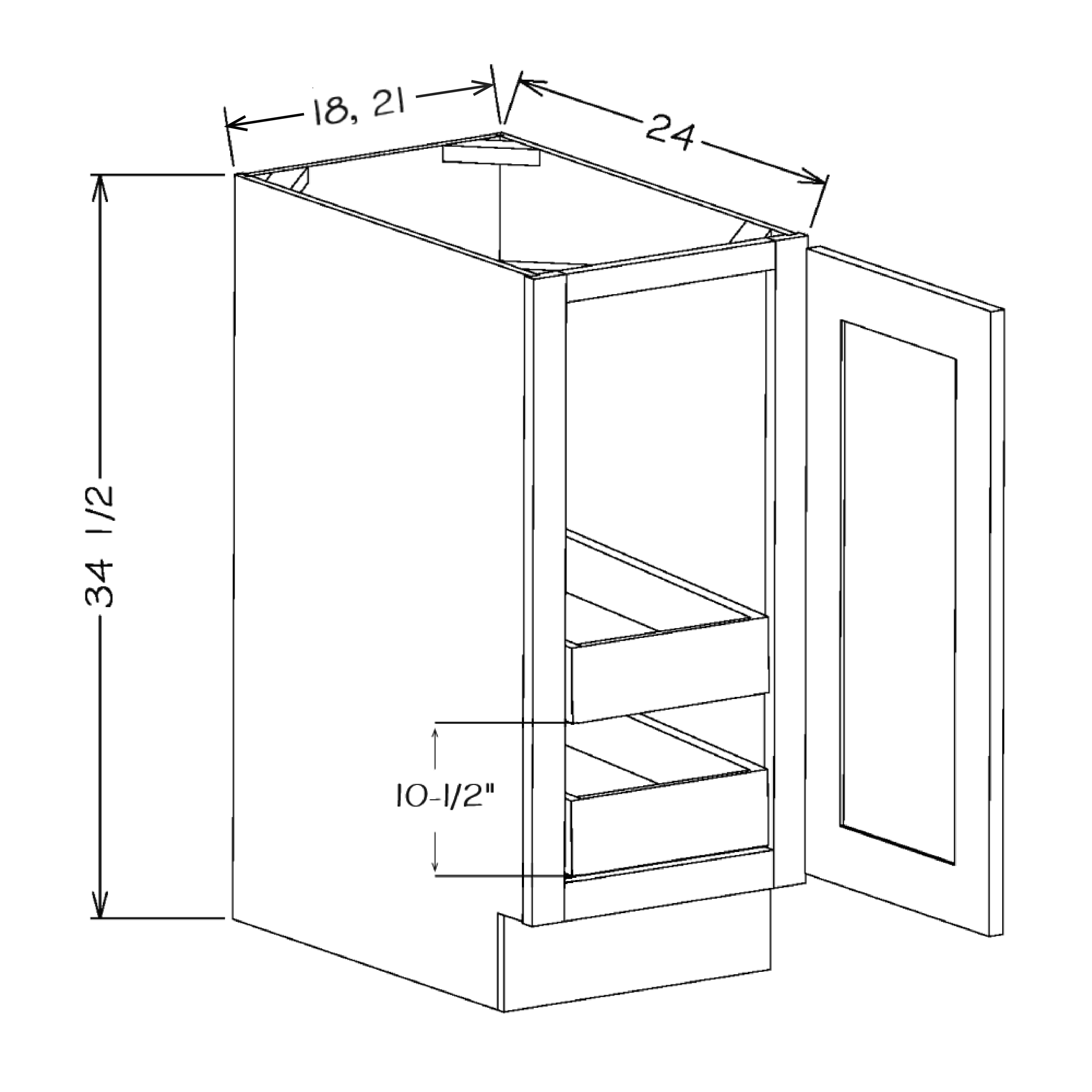 White Slim Shaker 21" Full Height Door Base Cabinet with 2 rollout ...